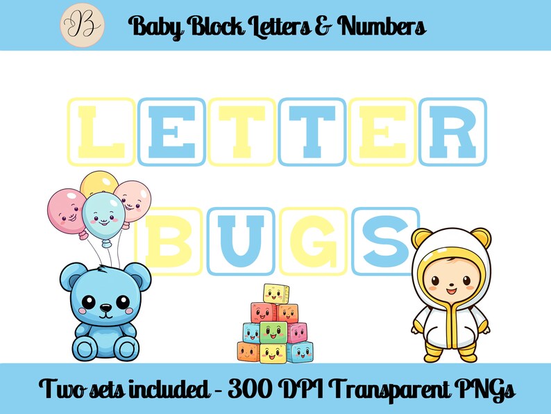 Baby Block Alphabet Clipart Bundle, Printable Baby Block Font, Cute ...