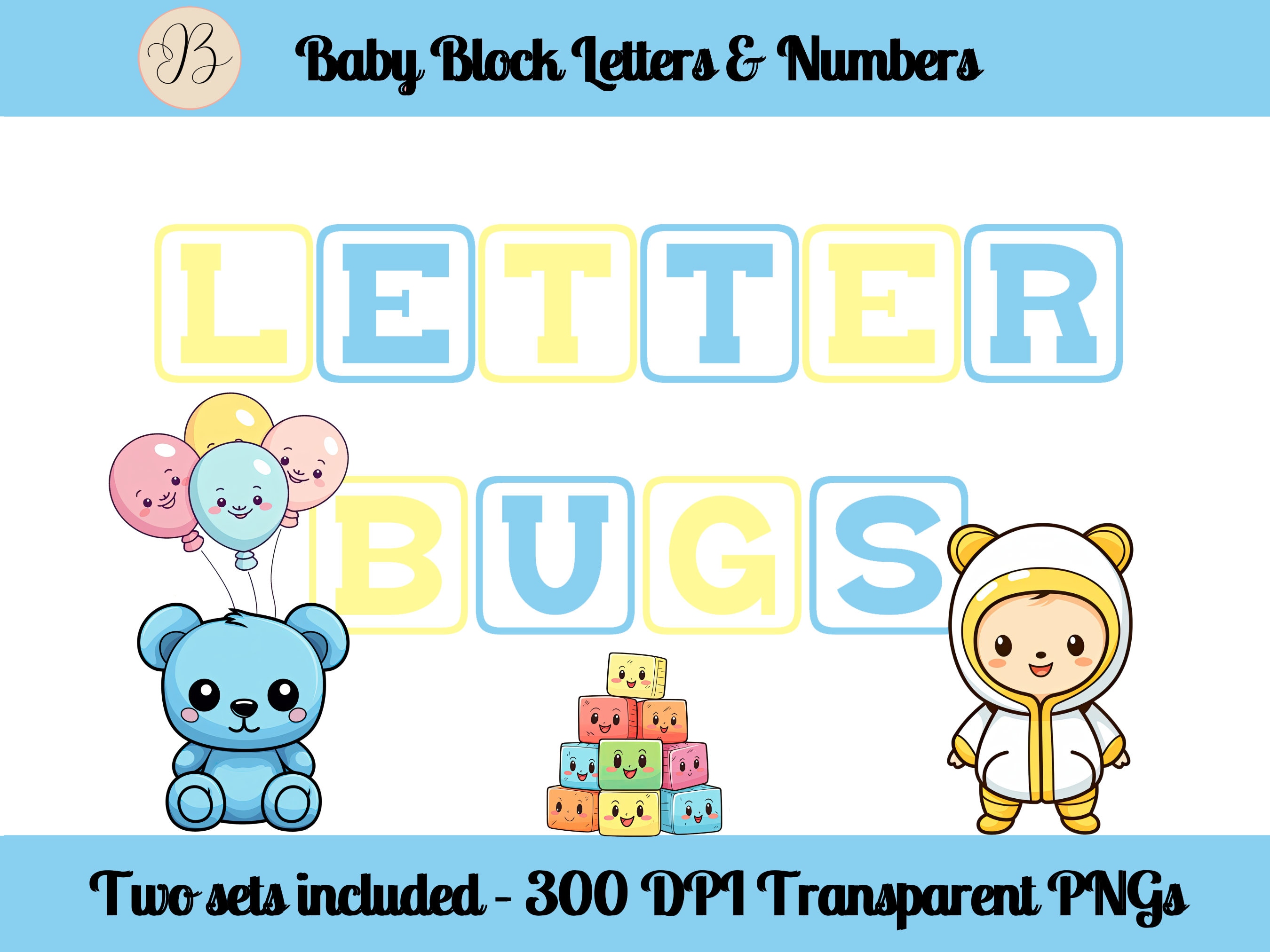 Baby Block Alphabet Clipart Bundle, Printable Baby Block Font, Cute ...