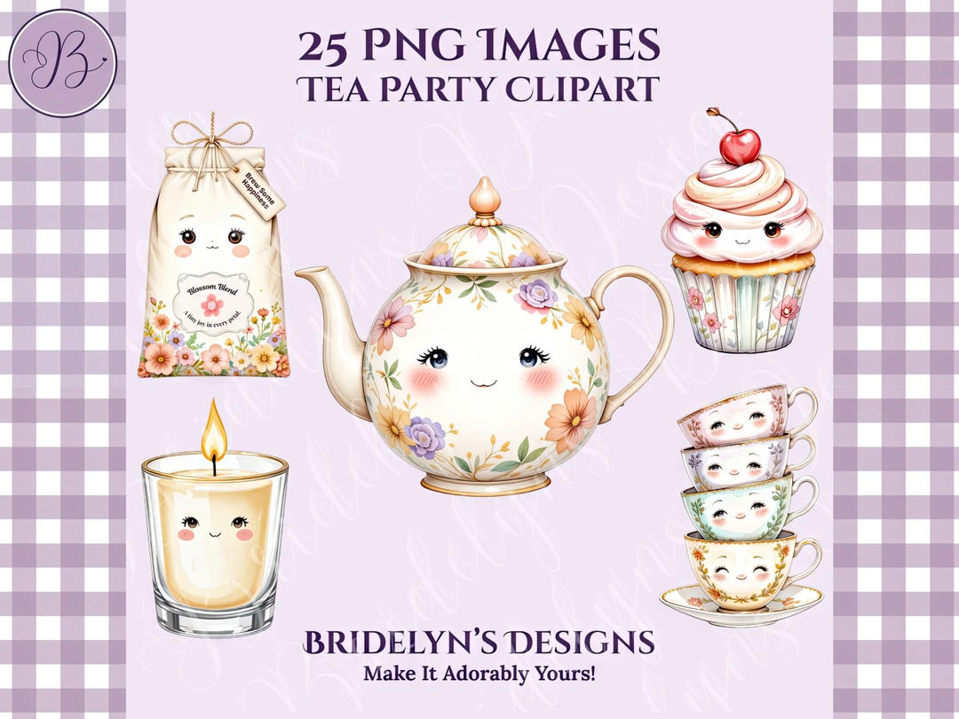Whimsical Tea Time Clipart Set - Cute Kawaii Teapot and Tea Set ...