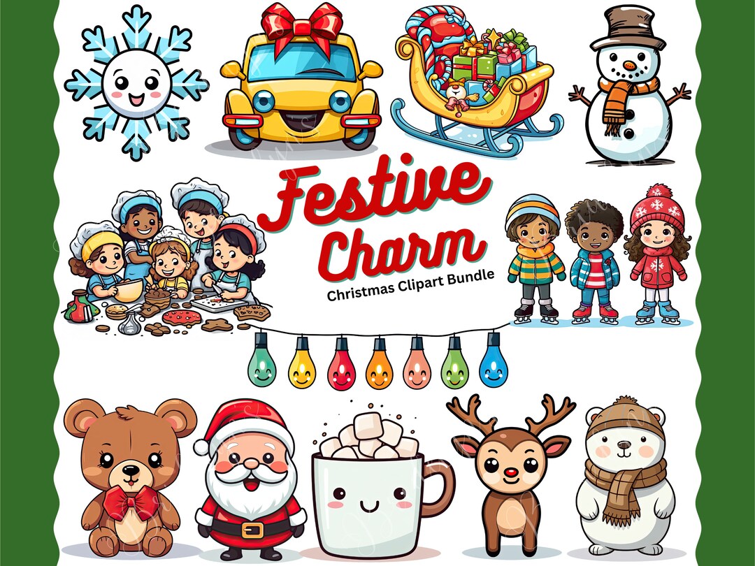 Cute Christmas Clipart Bundle, Kawaii Holiday Clipart, Kid-friendly ...