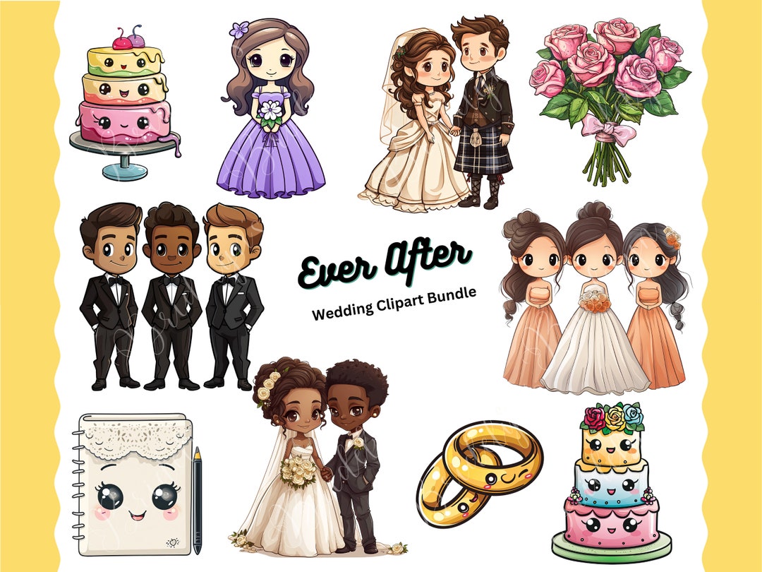 Cute Kawaii Wedding Clipart Bundle, Chibi Bride and Groom, Wedding ...