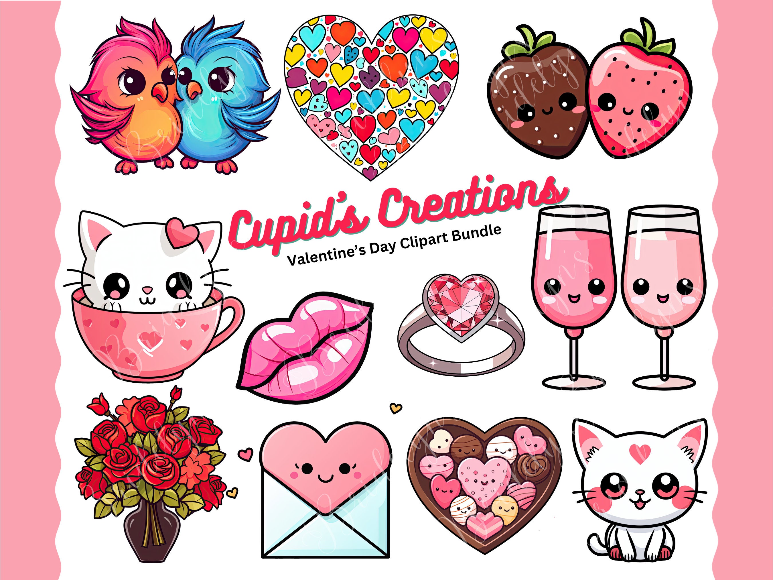 Valentines Clipart Bundle, Kawaii Valentine's Day Elements, Cute Love ...