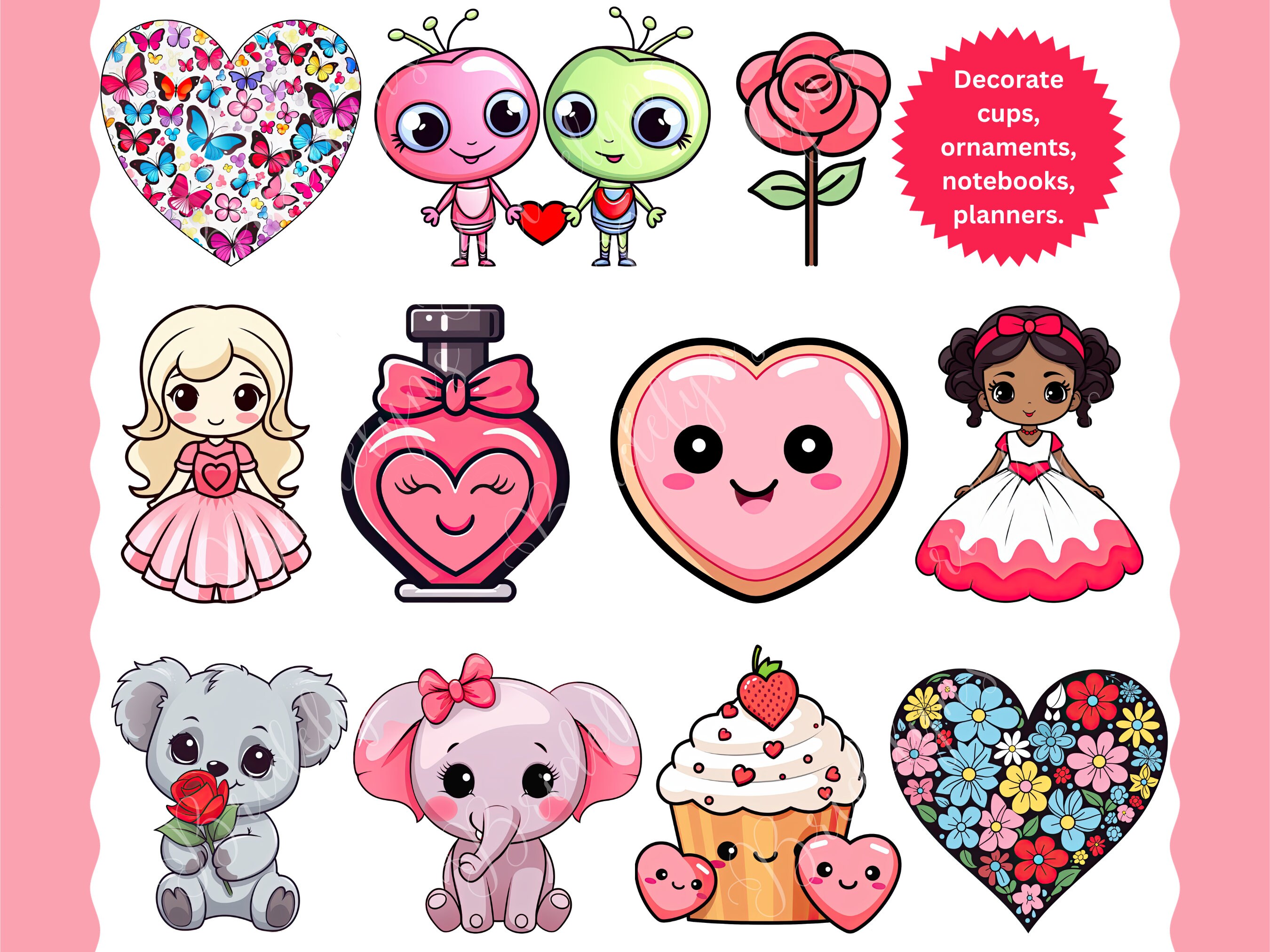 Valentines Clipart Bundle, Kawaii Valentine's Day Elements, Cute Love ...