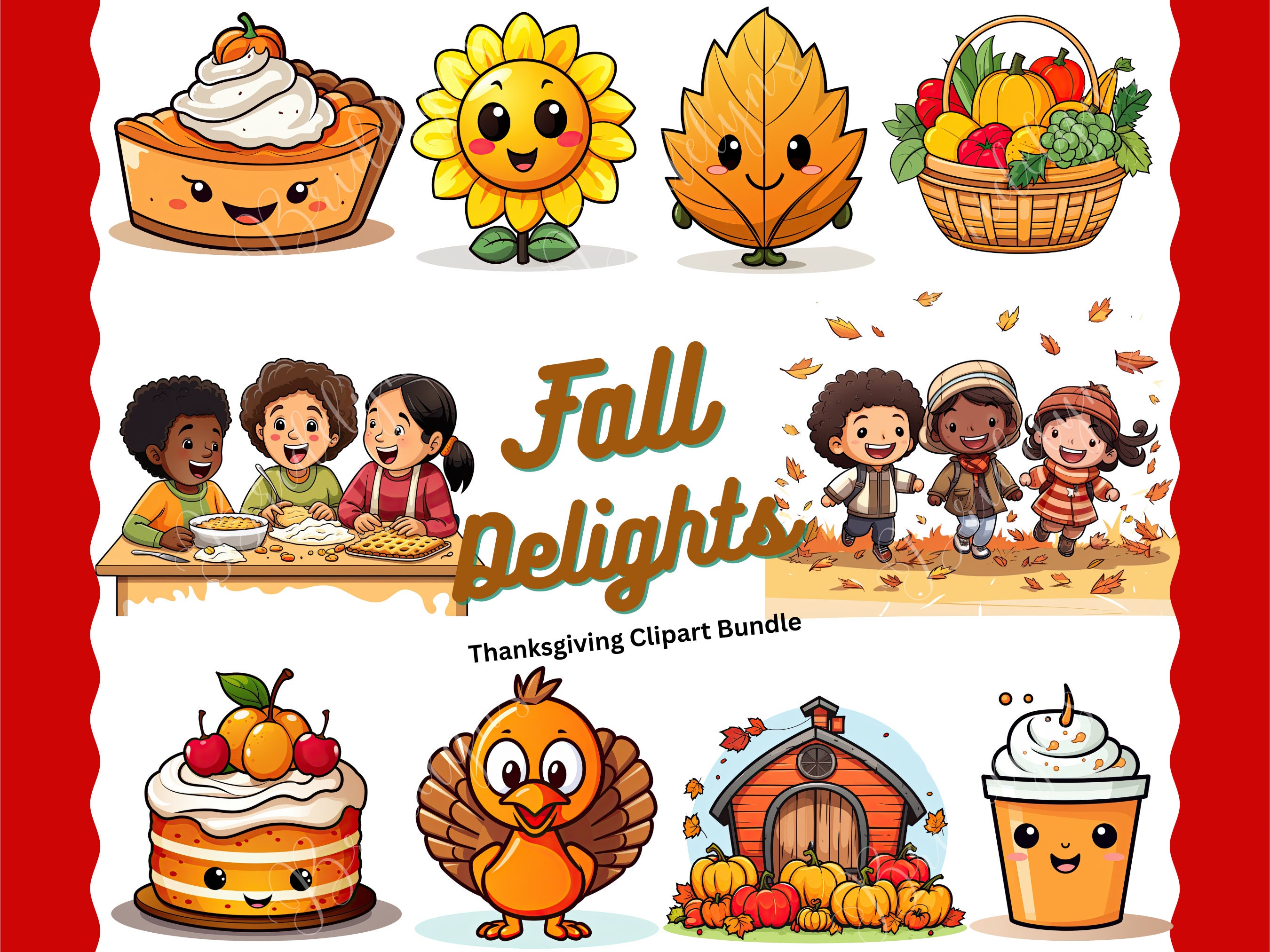 Cute Thanksgiving Clipart, Kawaii Fall Clipart, Adorable Turkey ...