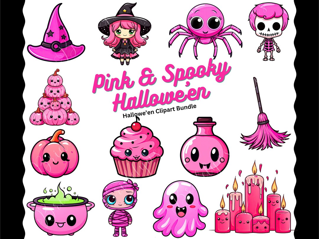 Cute Pink Halloween Clipart. Kawaii Spooky Pink Clipart, Girlie ...