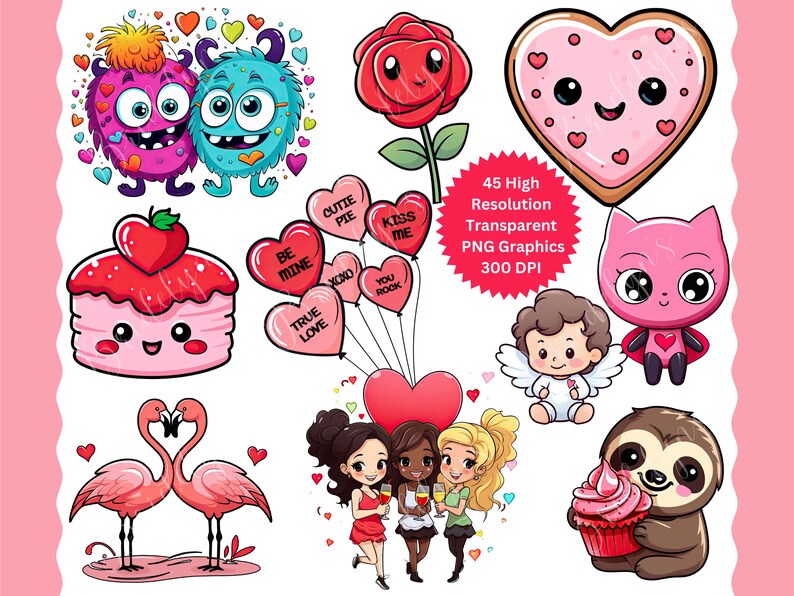 Valentines Clipart Bundle, Kawaii Valentine's Day Elements, Cute Love ...
