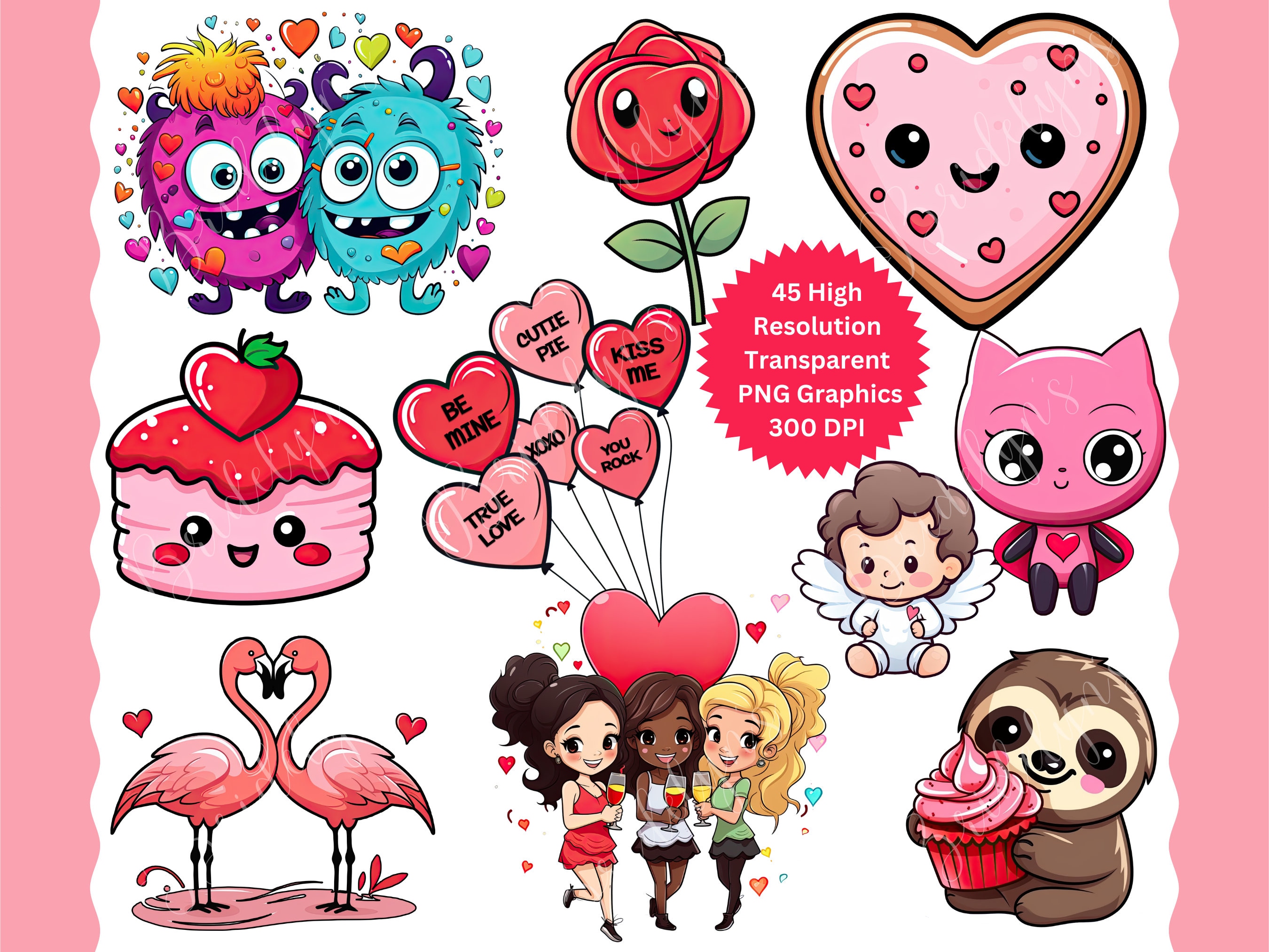 Valentines Clipart Bundle, Kawaii Valentine's Day Elements, Cute Love ...