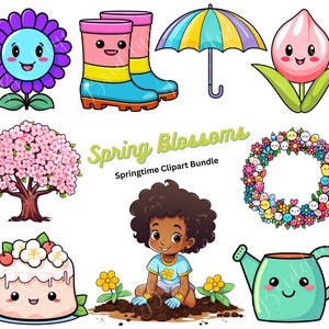 Cute Spring Clipart Bundle, Kawaii Spring Clipart, Flower Clipart ...