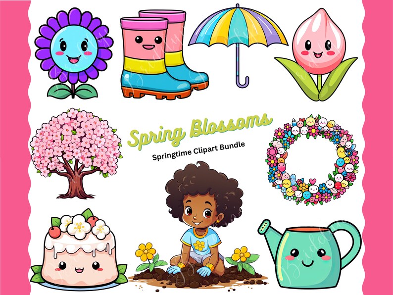 Cute Spring Clipart Bundle, Kawaii Spring Clipart, Flower Clipart ...