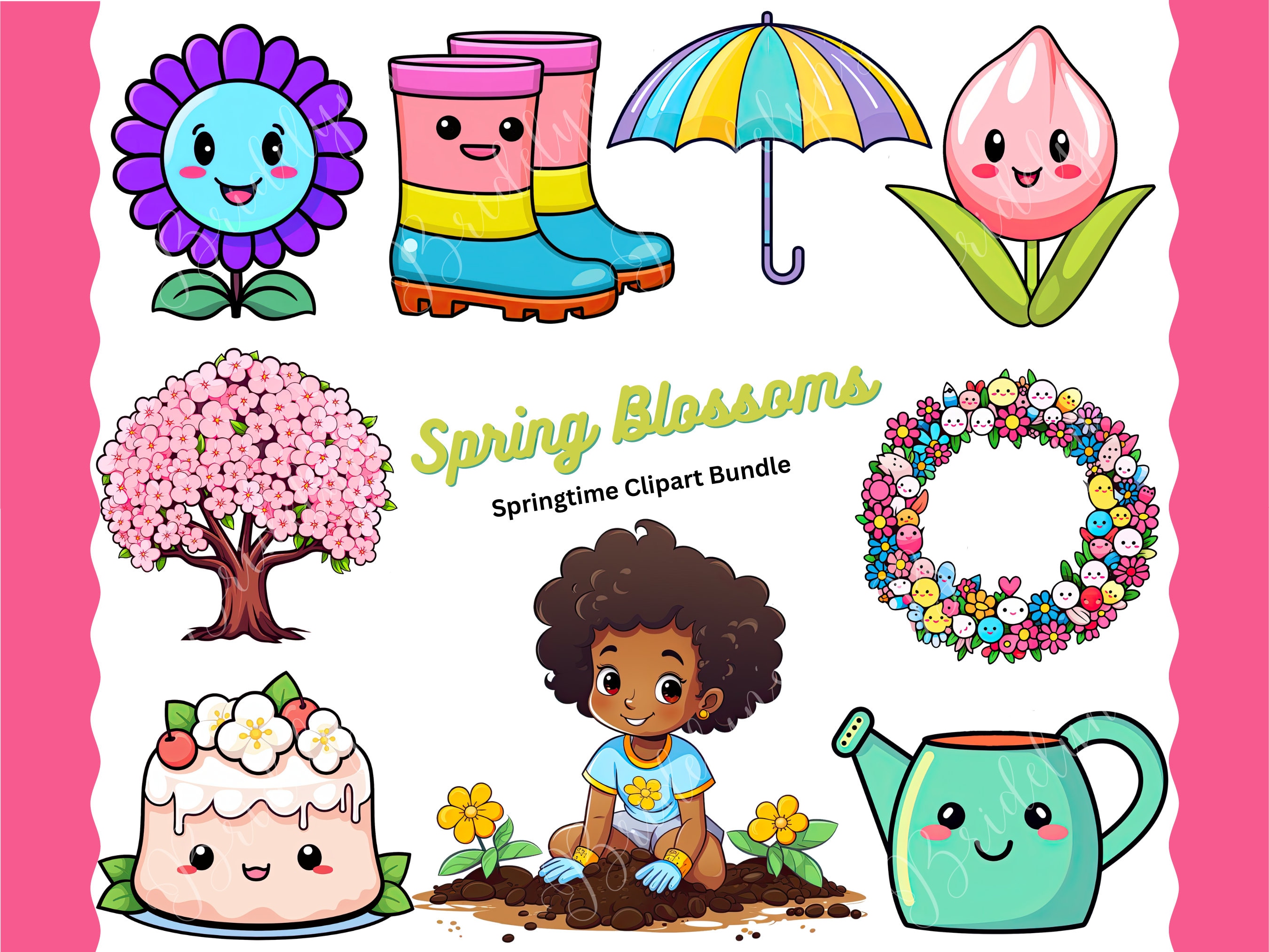 Cute Spring Clipart Bundle, Kawaii Spring Clipart, Flower Clipart ...