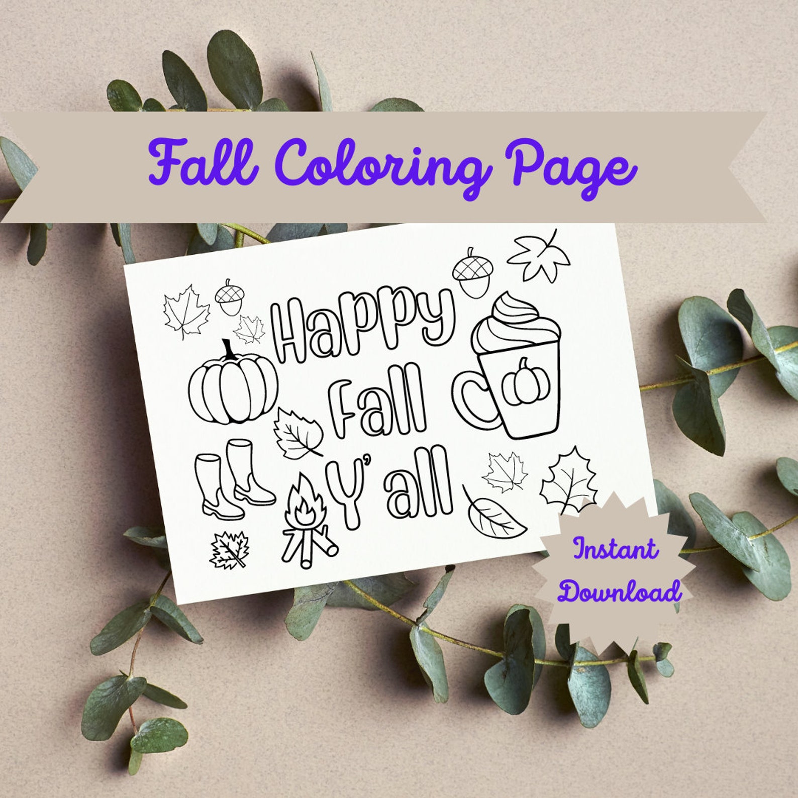 Fall Coloring Page Happy Fall Y'all Coloring Page for - Etsy