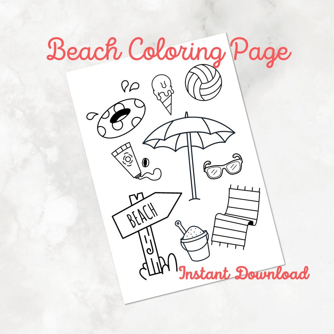 Beach Coloring Page - Printable Instant Download, Coloring Page for ...