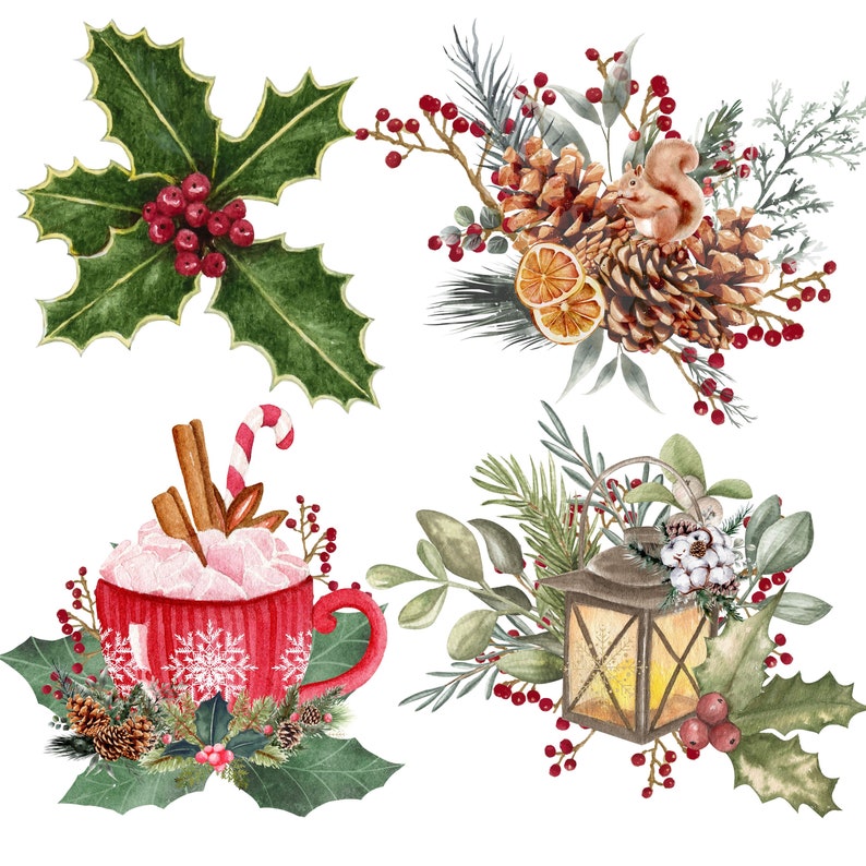4 Watercolor Christmas Clipart Digital Kit, Green Hand Paint Christmas ...