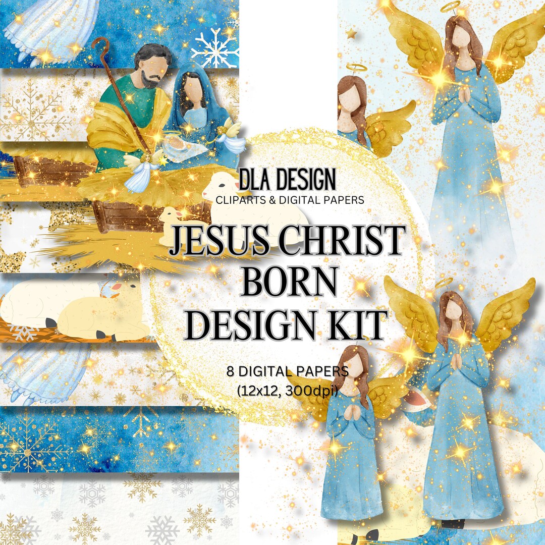8 Jesus Christ Born Digital Paper Design Kit, Blue and White Watercolor ...