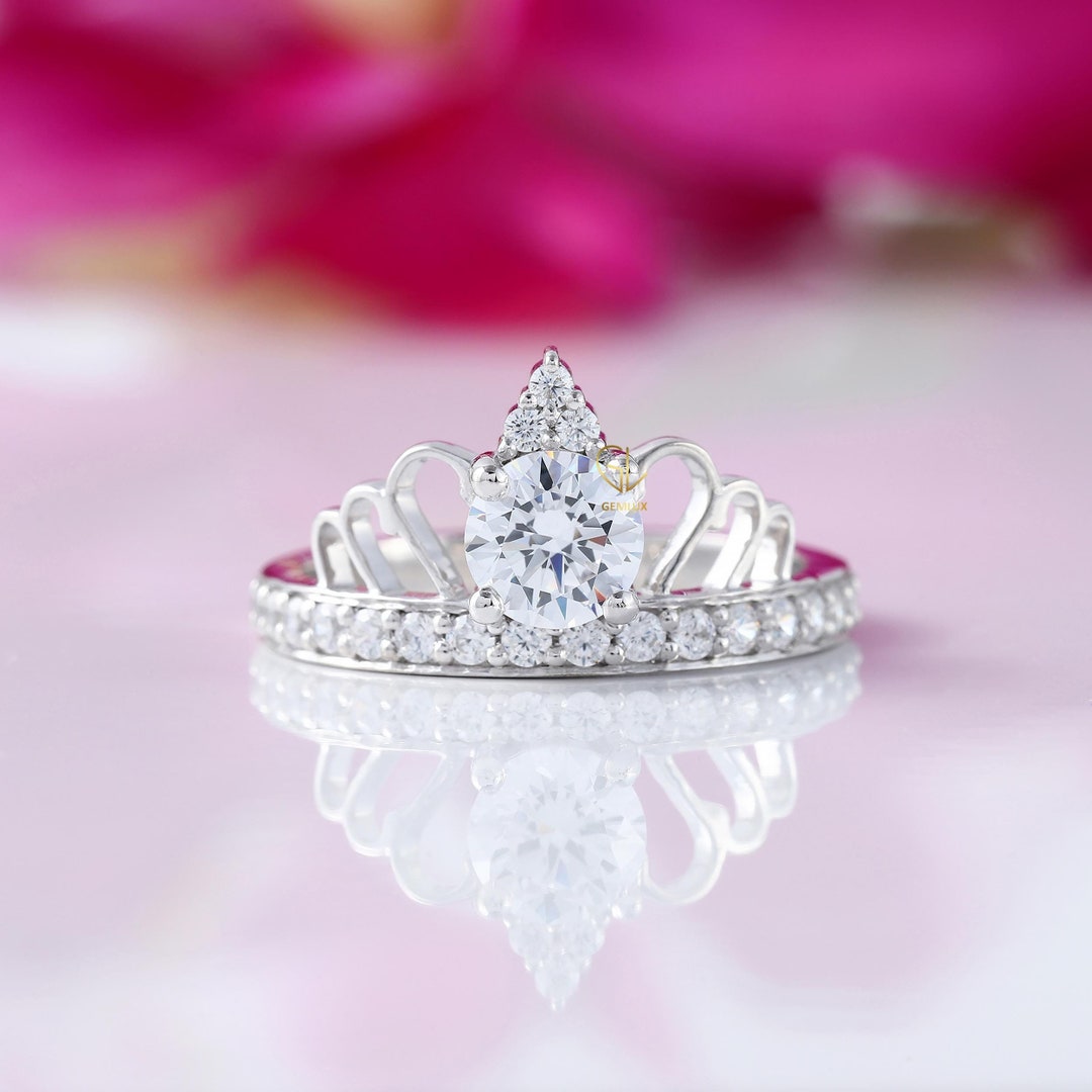 Princess Crown Tiara Ring, 14K Gold Round Lab Grown Diamond Crown Ring ...