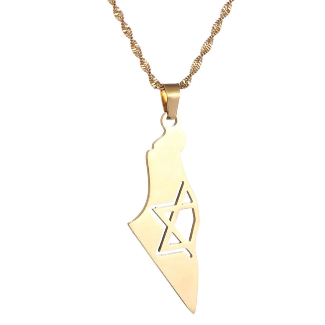 Stainless Steel Israel Map Pendant Necklace With Magen David, Gold and ...