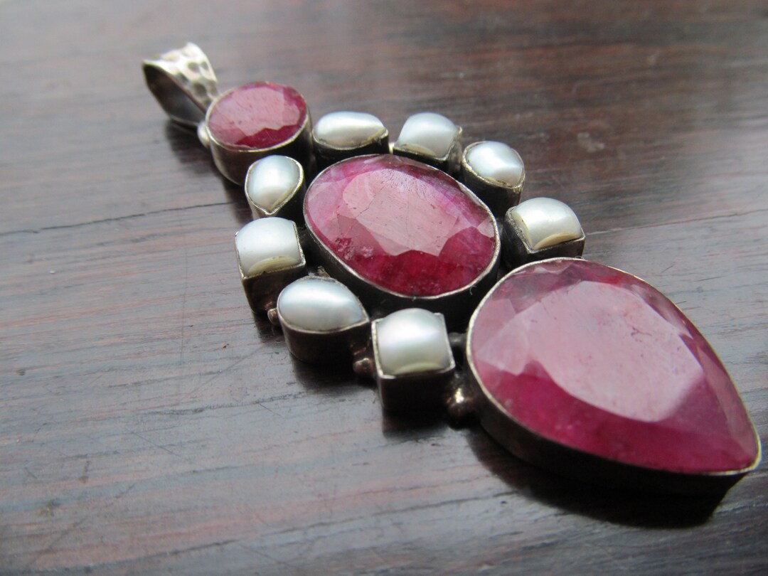 Silver Pearl and Ruby Pendant , Hammered Bale , 63 Mm High. - Etsy
