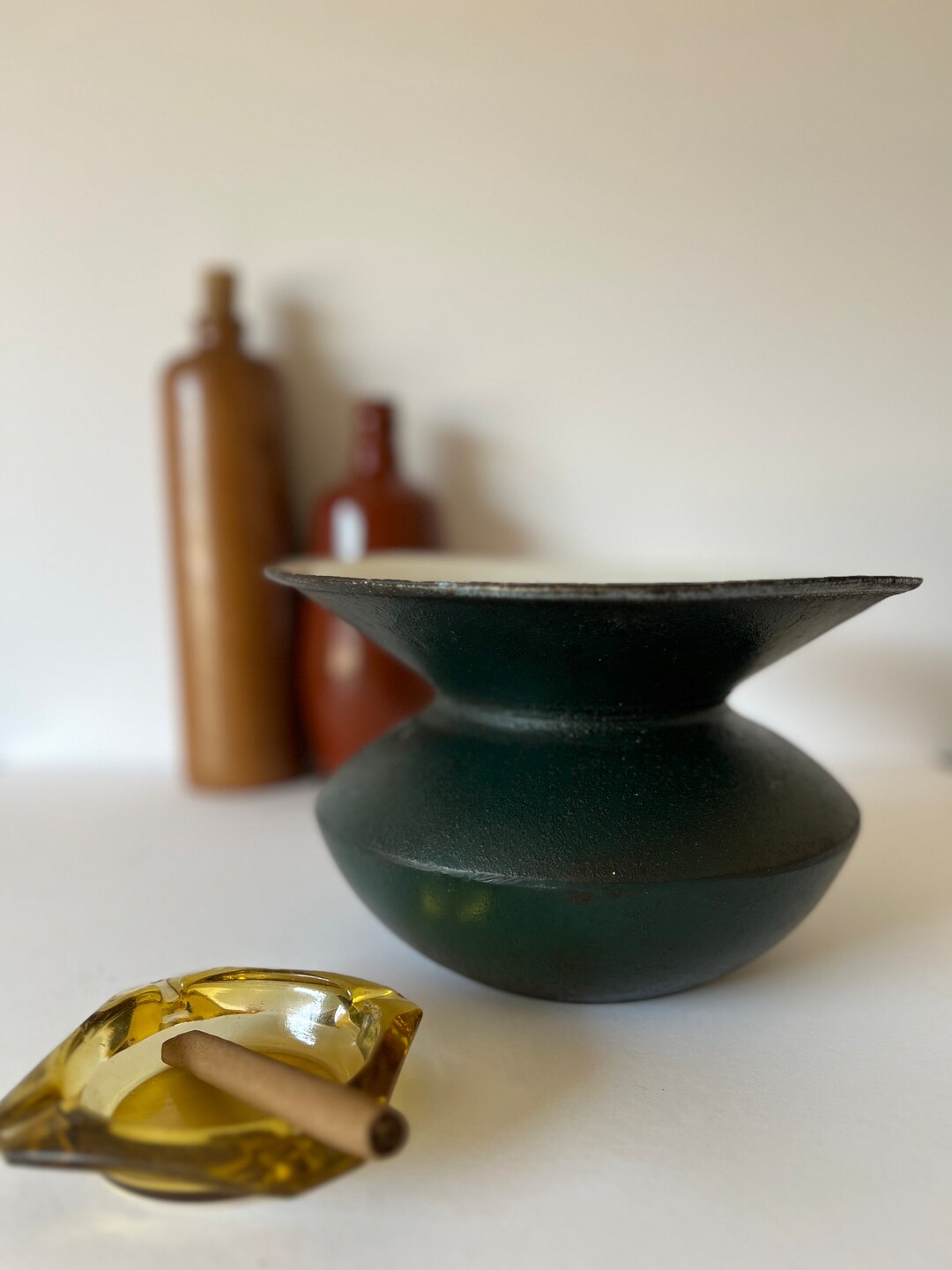 Cast Iron and Enamel Spittoon White & Green Heavy Bar/mancave Decor ...