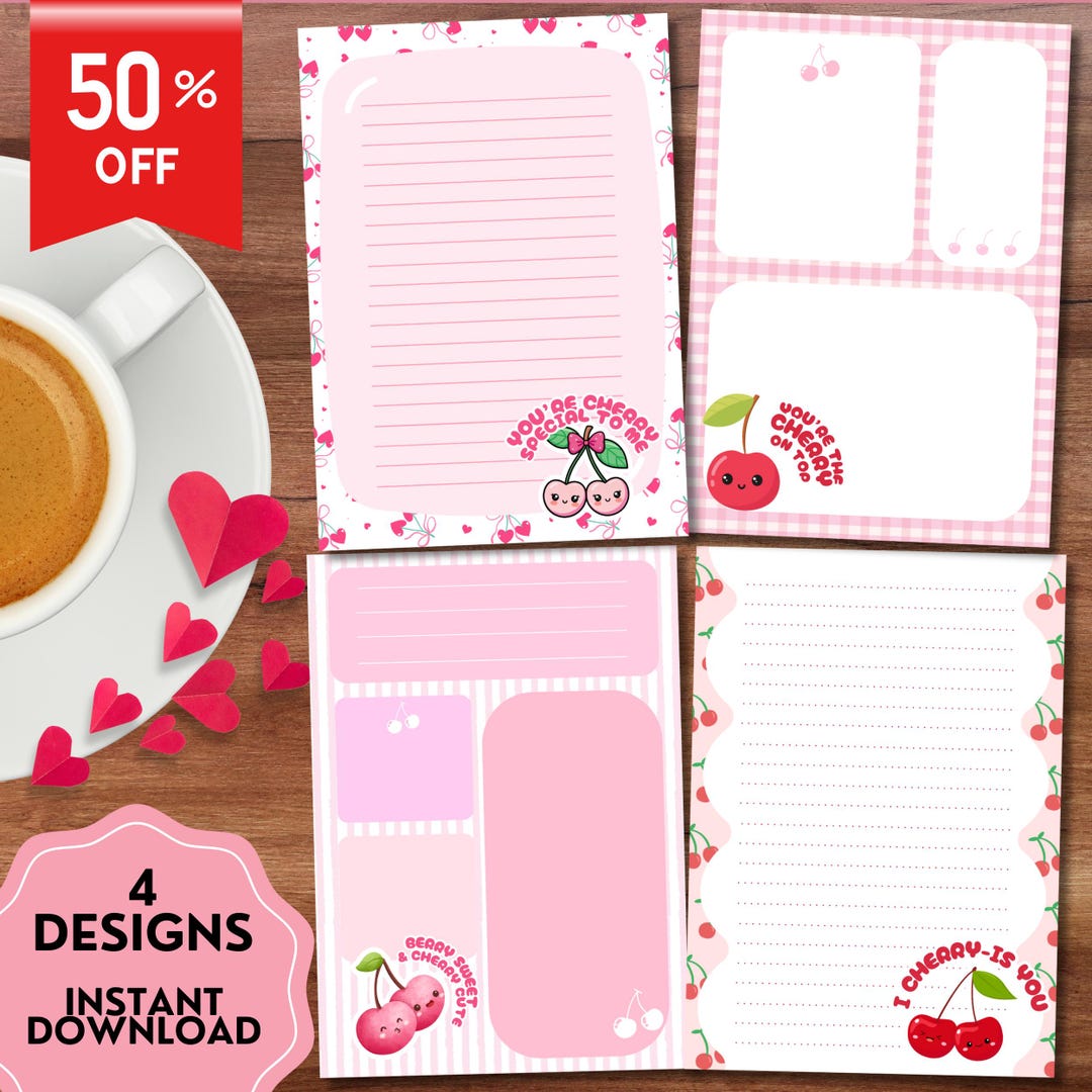 Cherry Notepad, Cherry Design, Cherry Print, Positive Printable Notepad ...