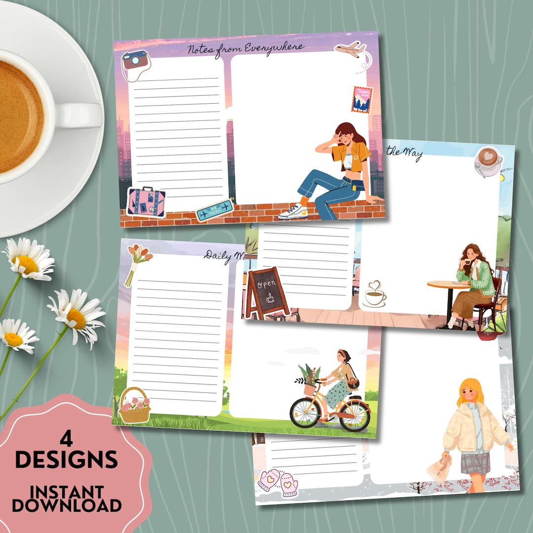 Travel Girl Notepad Set, Printable Notepad, Printable Memo Sheets, Cute ...