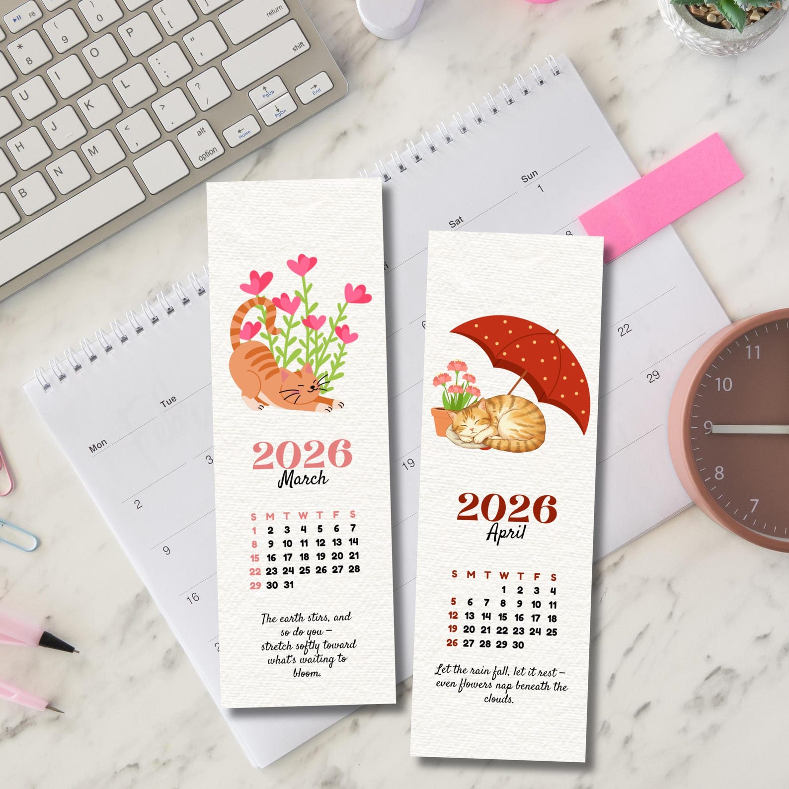 Cozy Cat Calendar Bookmark, Printable Bookmarks, Digital Bookmarks ...