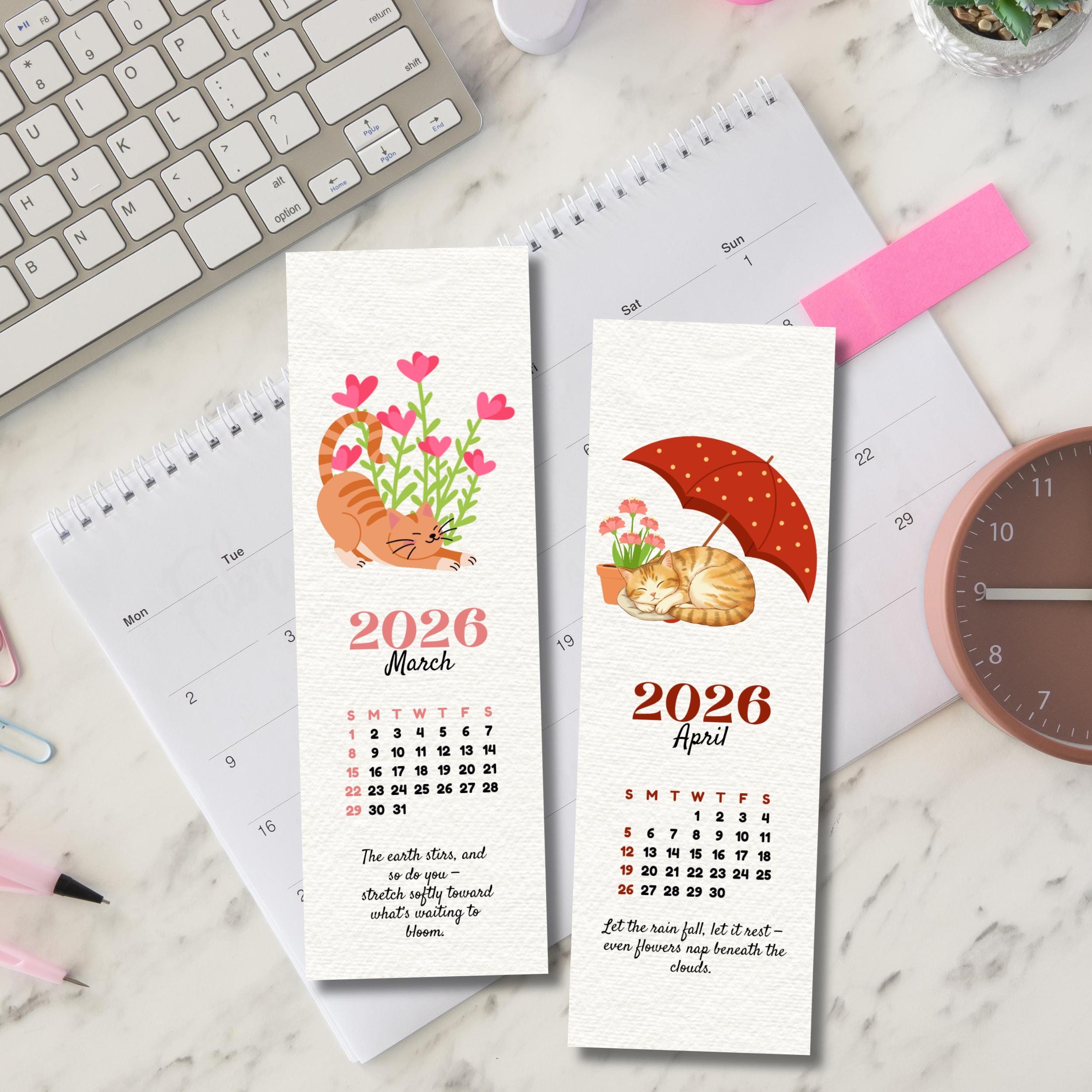 Cozy Cat Calendar Bookmark, Printable Bookmarks, Digital Bookmarks ...