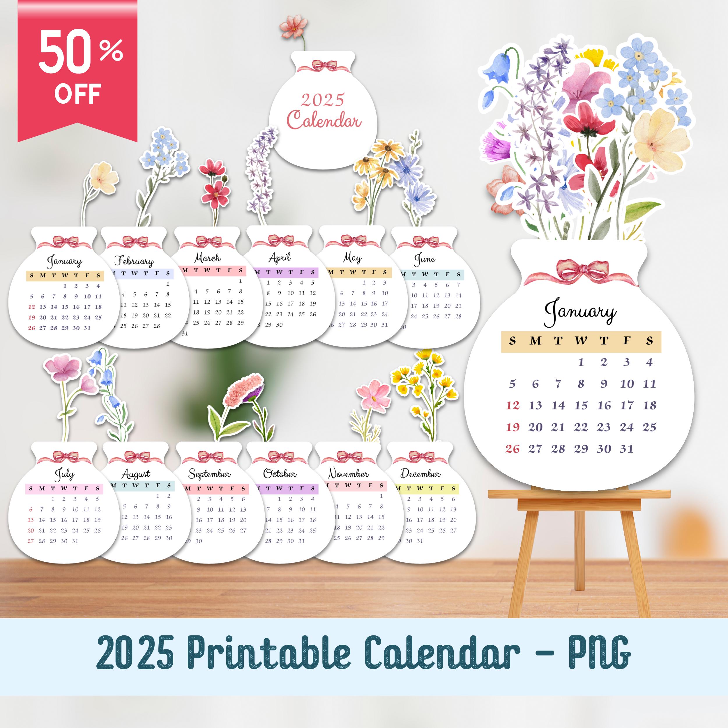 Floral Calendar, Printable Calendar, Cute Calendar, Calendar 2025, Vase ...