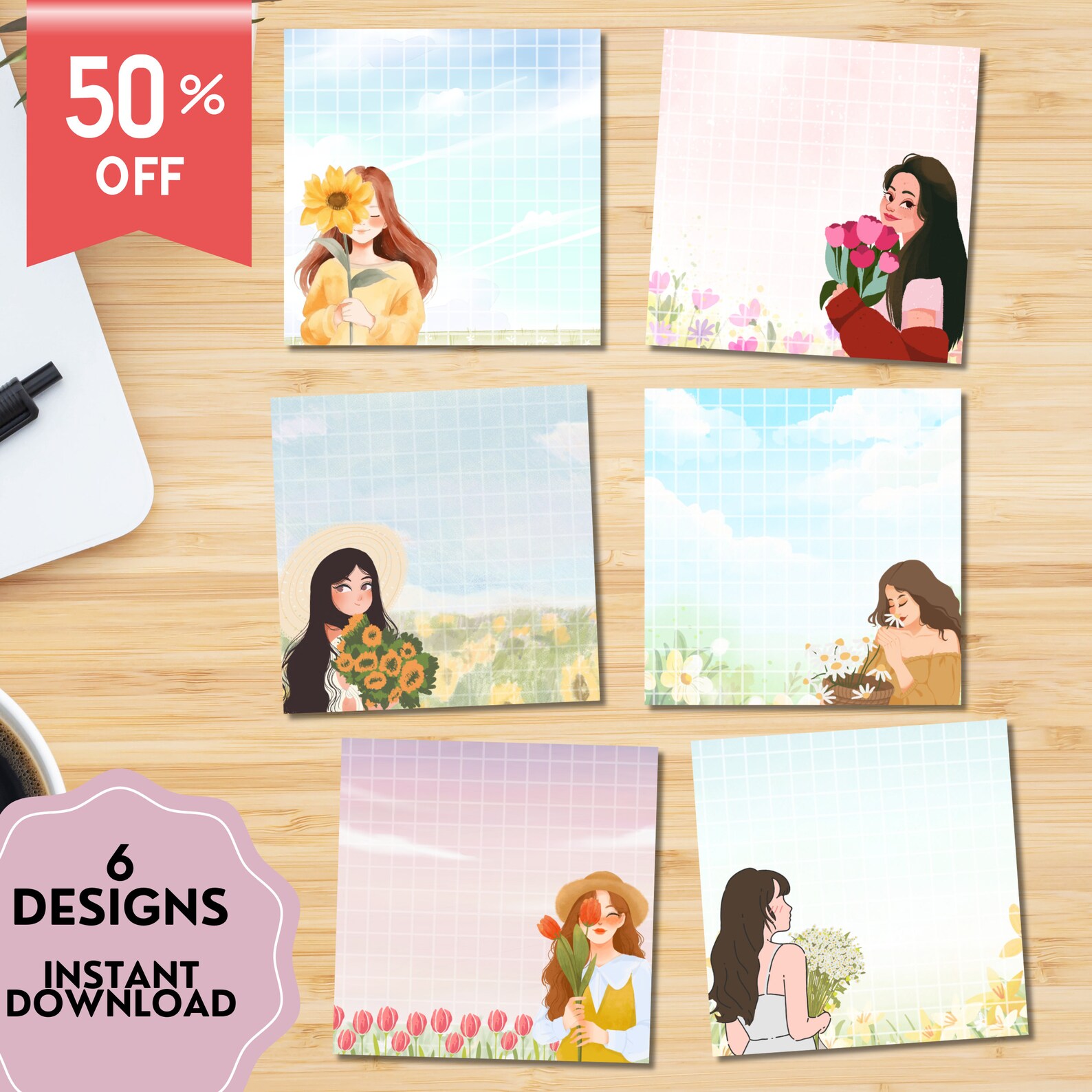 Flower Printable Notepad, Kawaii Memo, Printable Notepad, Cute ...