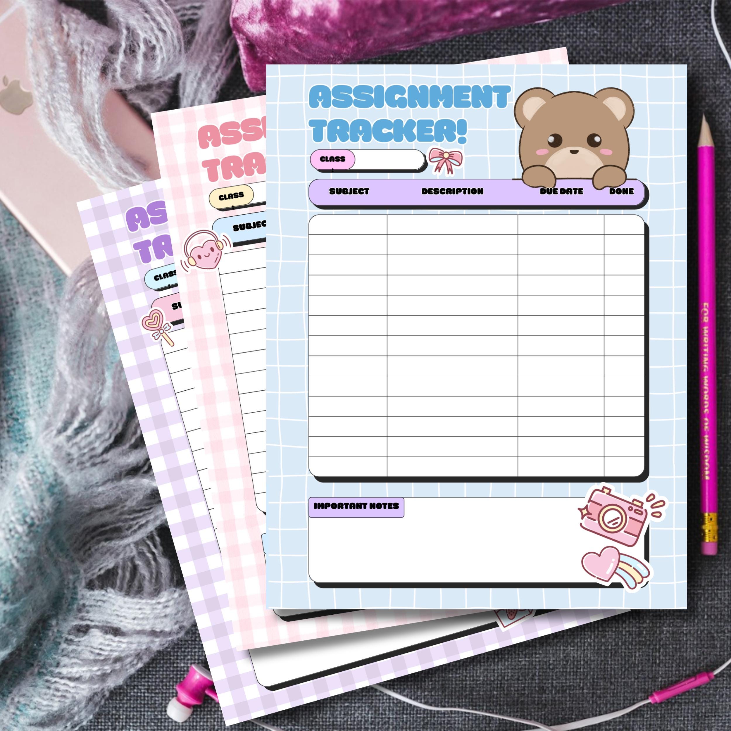 Assignment Tracker, Printable Notepad, Kawaii Memo Pad, Study Planner ...