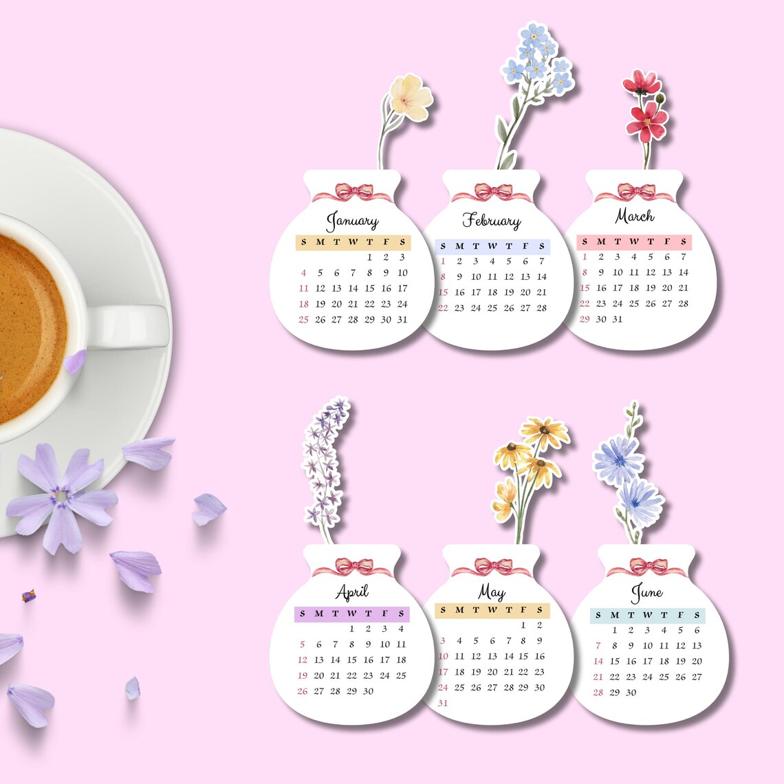 Floral Calendar, Printable Calendar, Cute Calendar, Calendar 2026, Vase ...