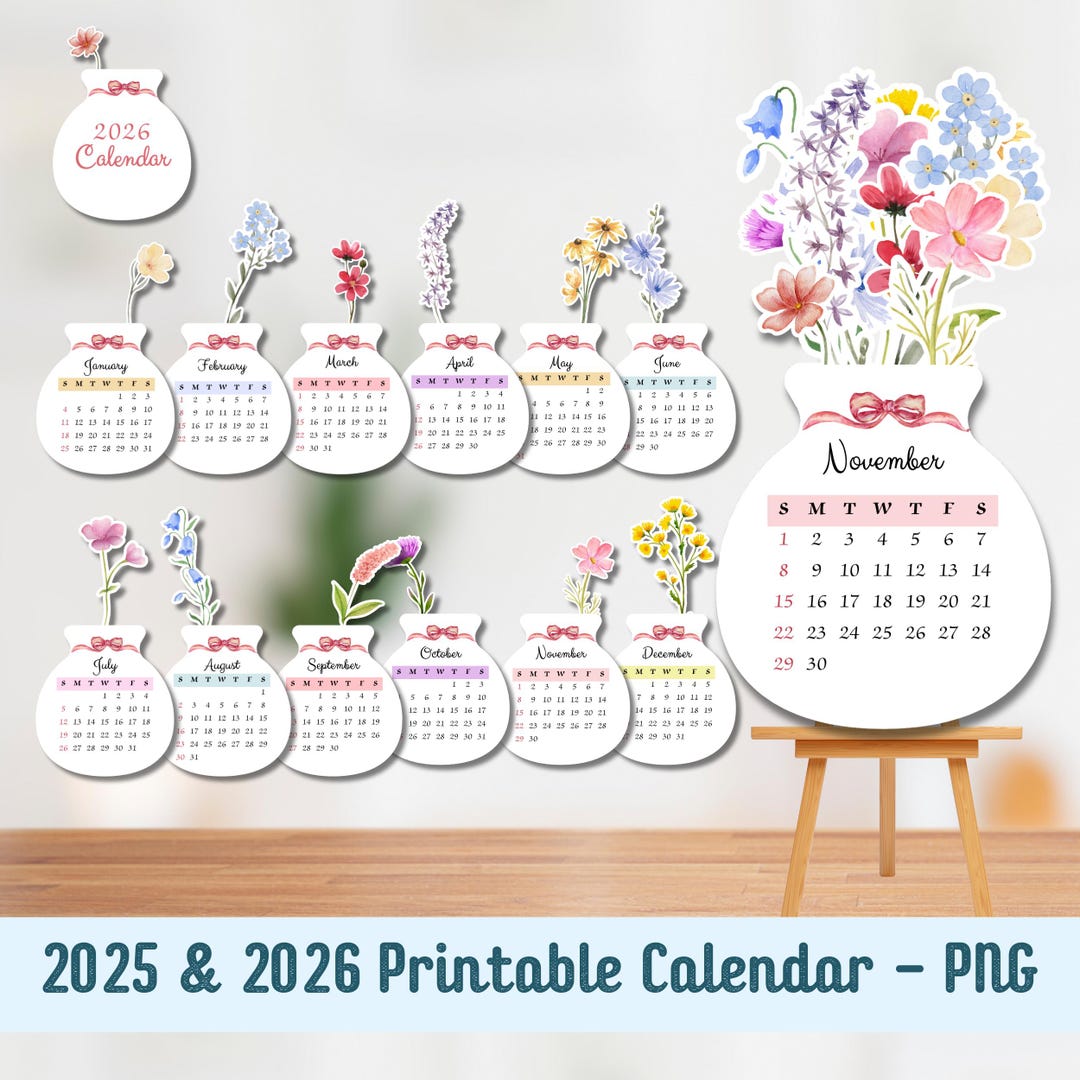 Floral Calendar, Printable Calendar, Cute Calendar, Calendar 2026, Vase ...