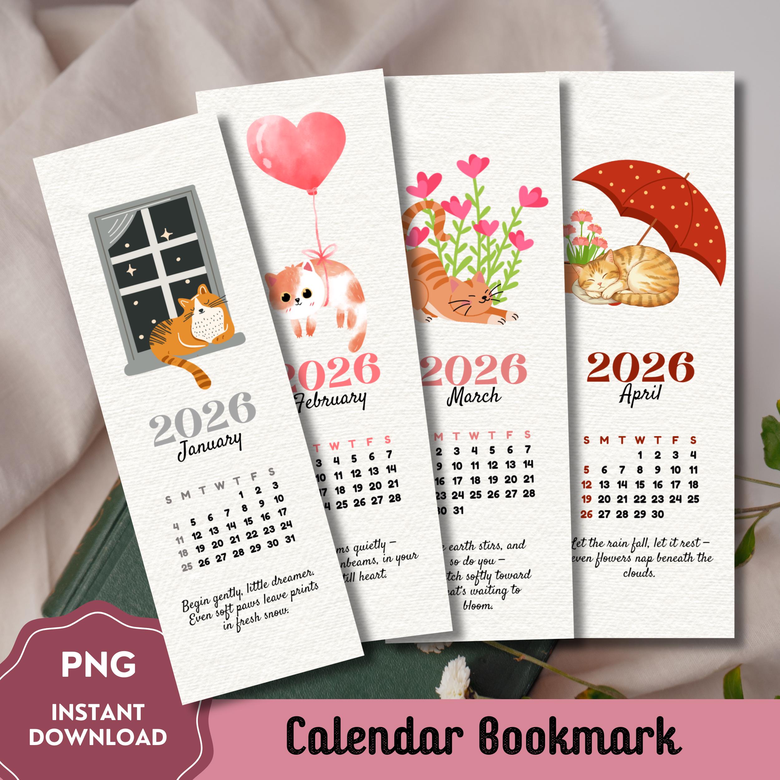 Cozy Cat Calendar Bookmark, Printable Bookmarks, Digital Bookmarks ...