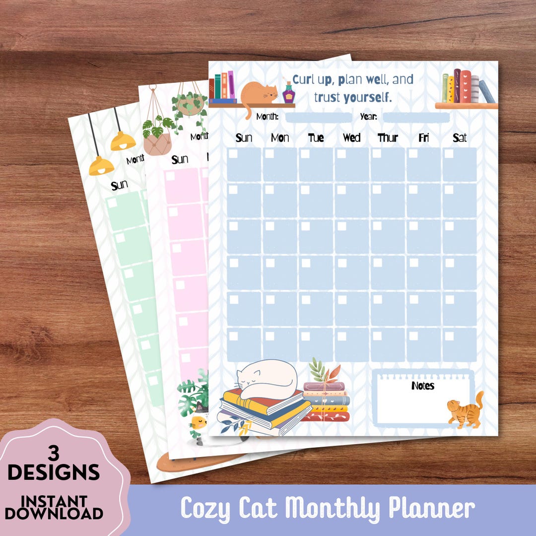 Cozy Cat Monthly Planner, Printable Notepad, Kawaii Memo, Cute Daily to ...