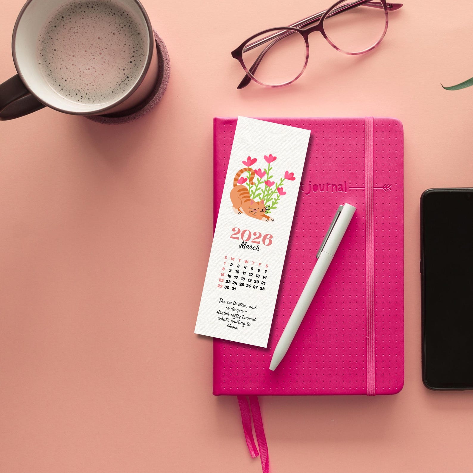 Cozy Cat Calendar Bookmark, Printable Bookmarks, Digital Bookmarks ...