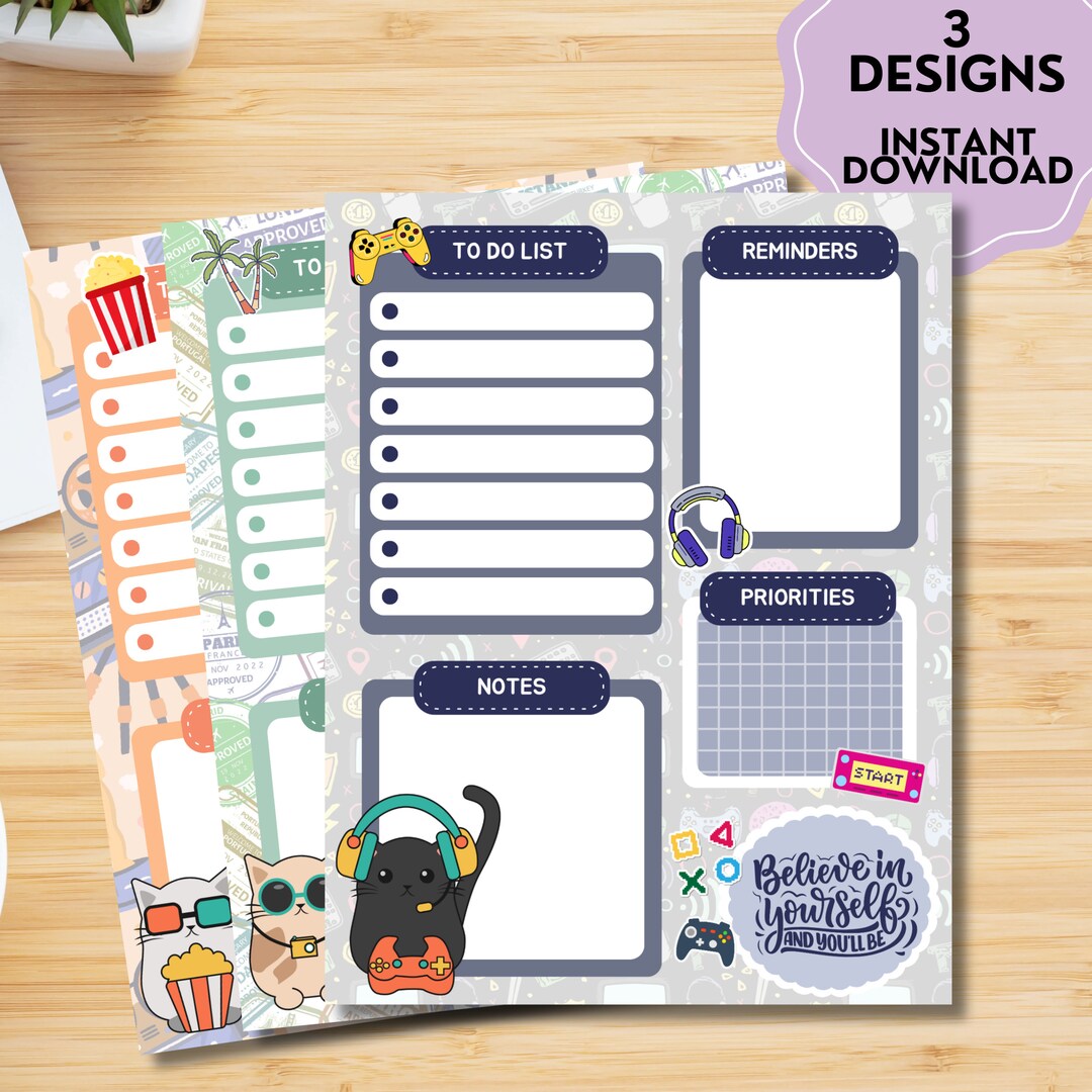 Cute Cat Notepad, Printable Notepad, Kawaii Memo Pad, Cute Daily to Do ...