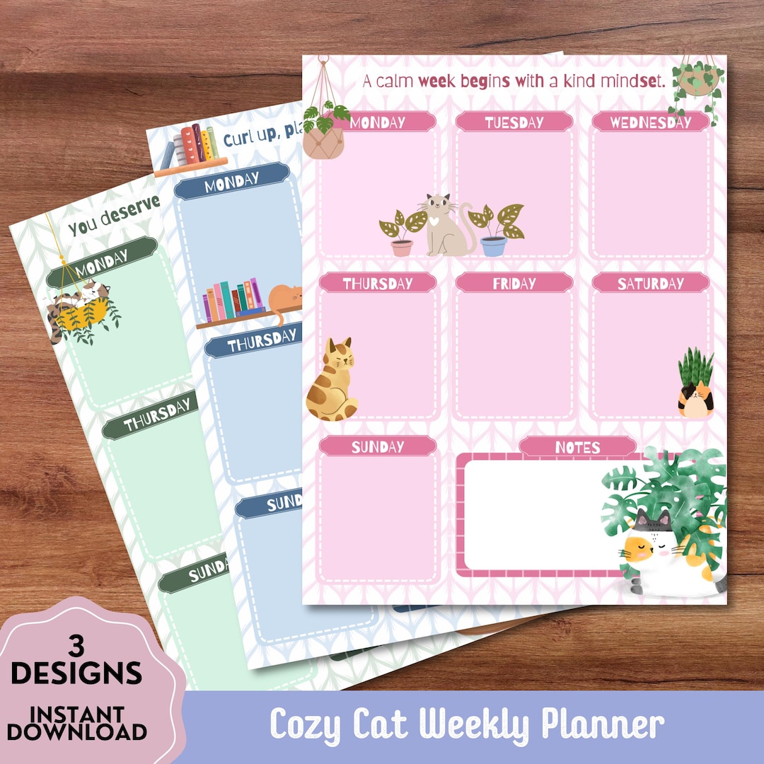 Cozy Cat Weekly Planner, Printable Notepad, Kawaii Memo, Cute Daily to ...