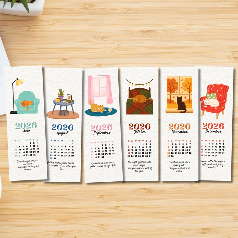 Cozy Cat Calendar Bookmark, Printable Bookmarks, Digital Bookmarks ...