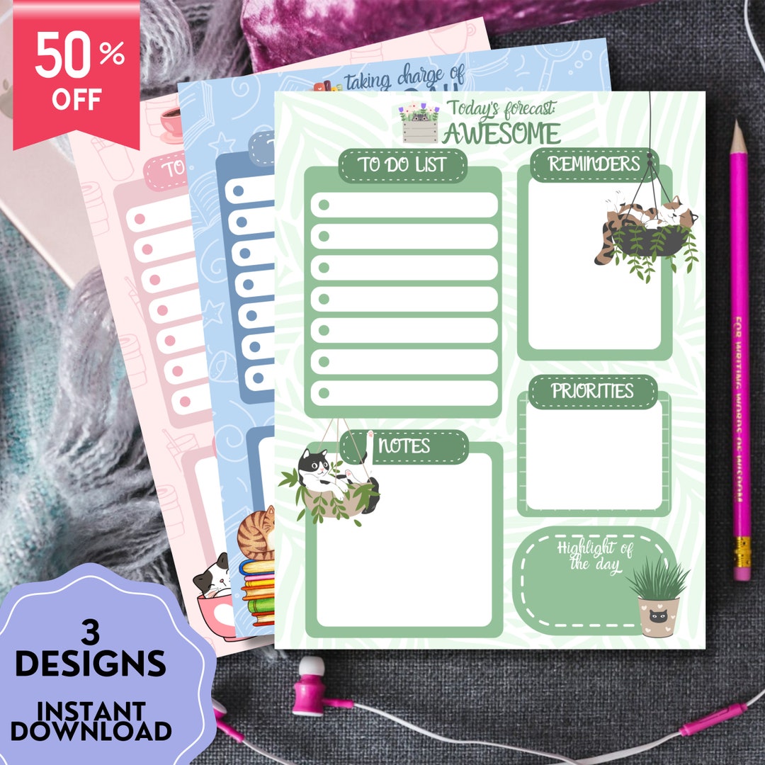 Cute Cat Printable Notepad, Kawaii Memo Pad, Cat Daily to Do List ...