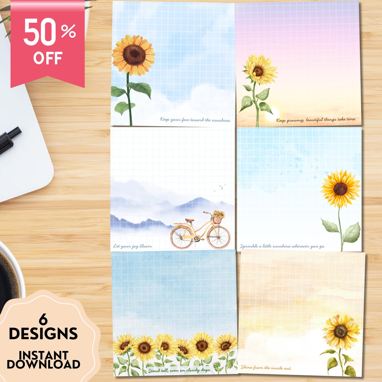 Sunflower Notepad, Printable Notepad, Sunflower Print, Cute Stationery ...