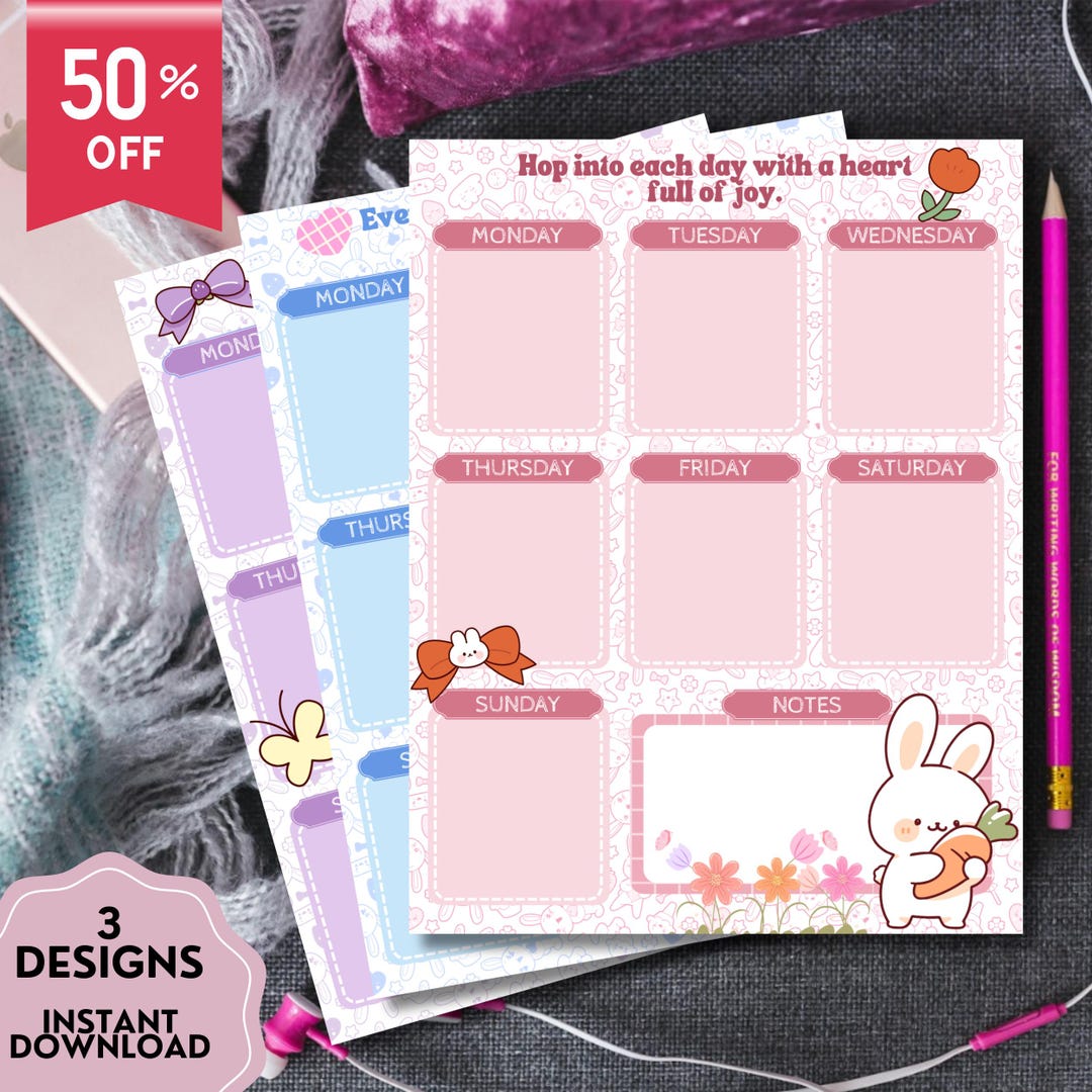 Bunny Planner, Printable Notepad, Kawaii Memo, Weekly Planner ...