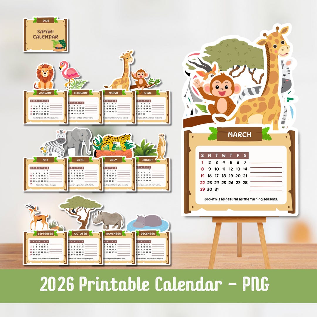 2026 Safari Calendar, 2026 Calendar, Printable Calendar, Cute Calendar ...
