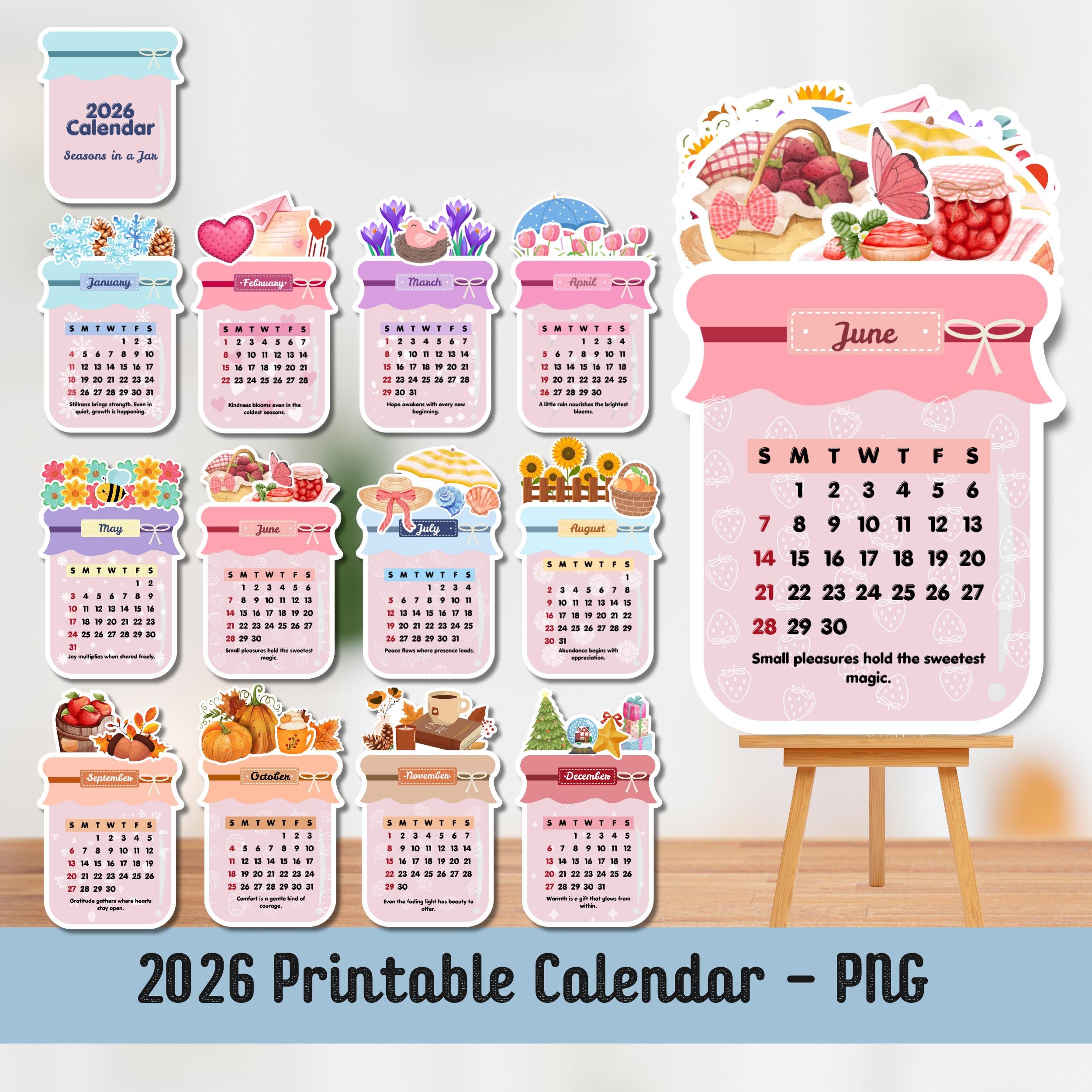 Seasons in a Jar, 2026 Calendar, Jar Calendar, Printable Calendar, Cute ...