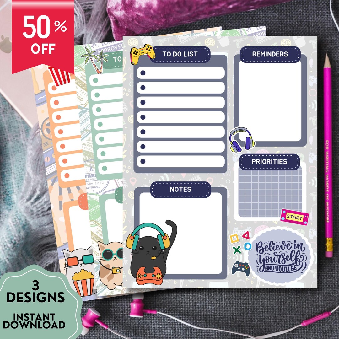 Cute Cat Notepad, Printable Notepad, Kawaii Memo Pad, Cute Daily to Do ...
