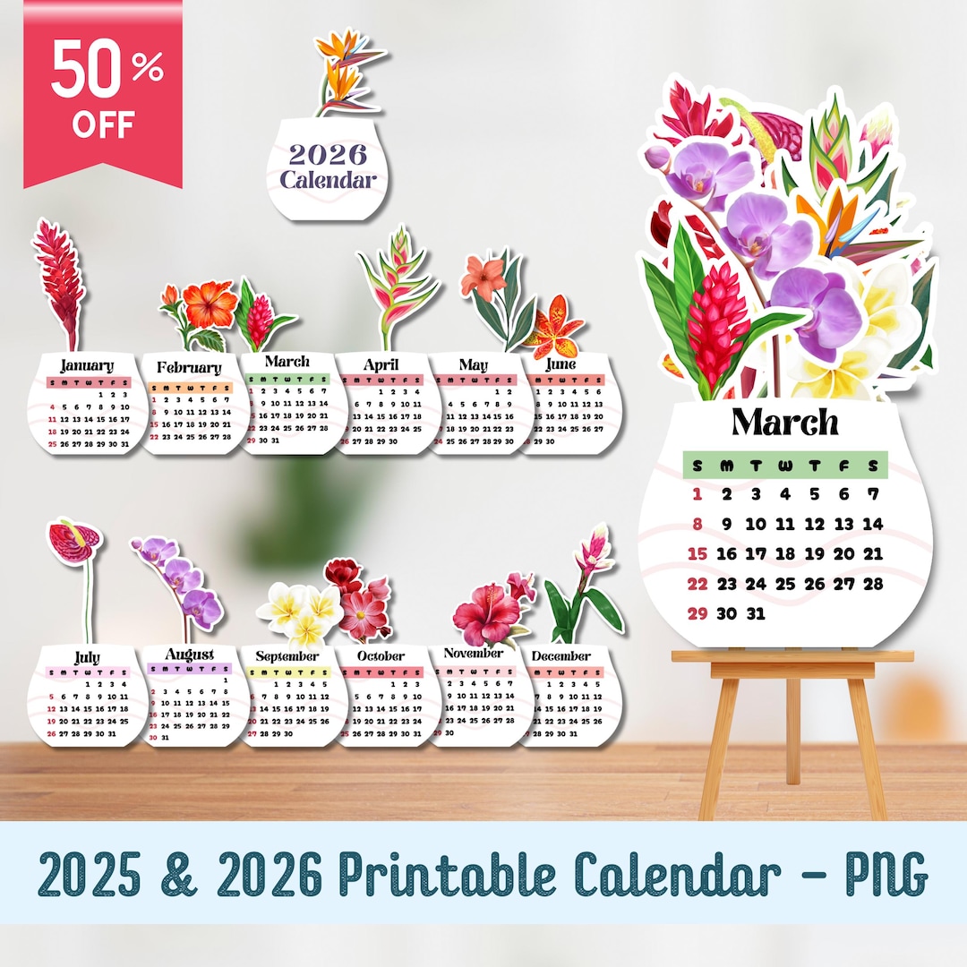 Tropical Flower Calendar, Floral Calendar, Printable Calendar, Cute ...