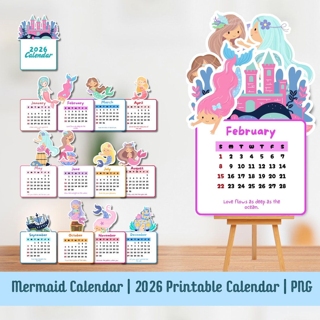 Mermaid Calendar, Printable Calendar, Cute Calendar, Calendar 2026 ...