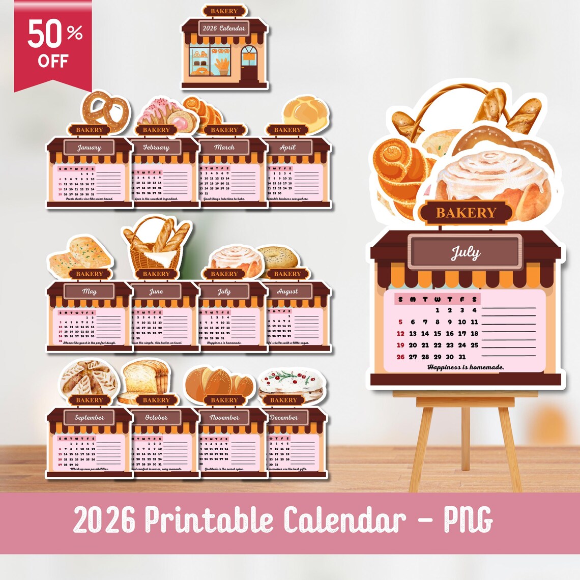 2026 Calendar, Bakery Calendar, Printable Calendar, Cute Calendar, Cute ...