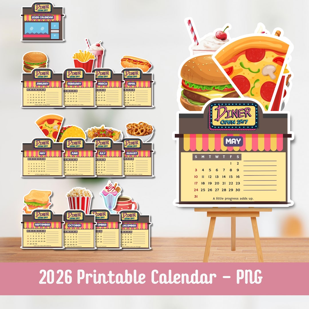 2026 Calendar, Diner Calendar, Printable Calendar, Cute Calendar, Diner ...