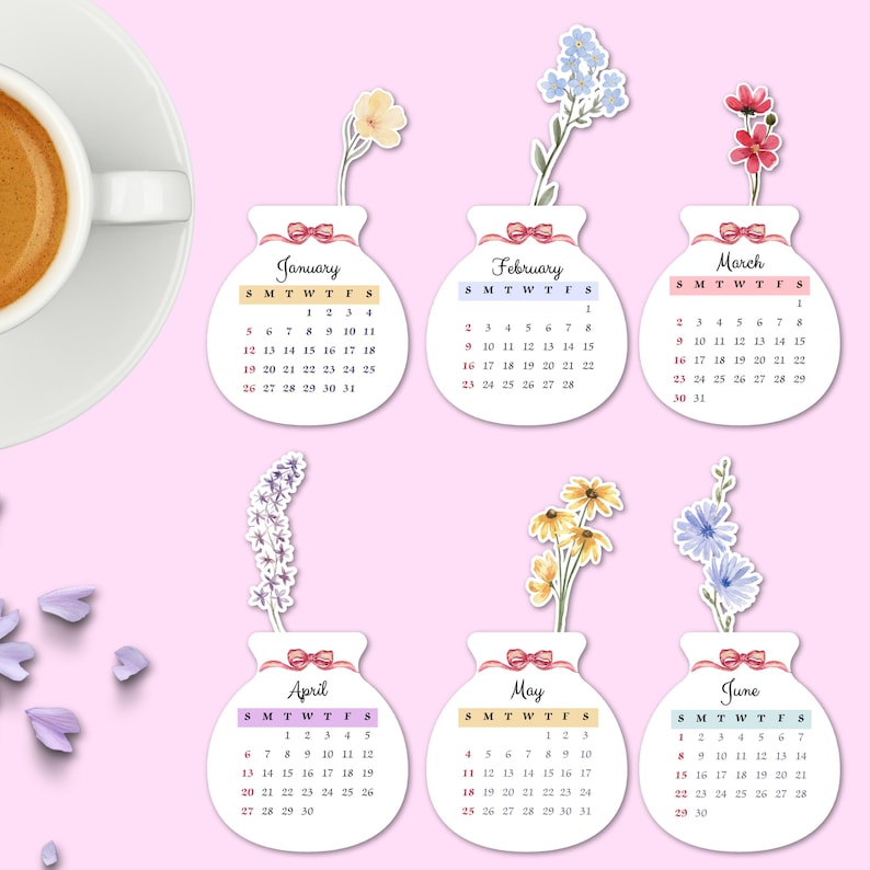Floral Calendar, Printable Calendar, Cute Calendar, Calendar 2025, Vase ...