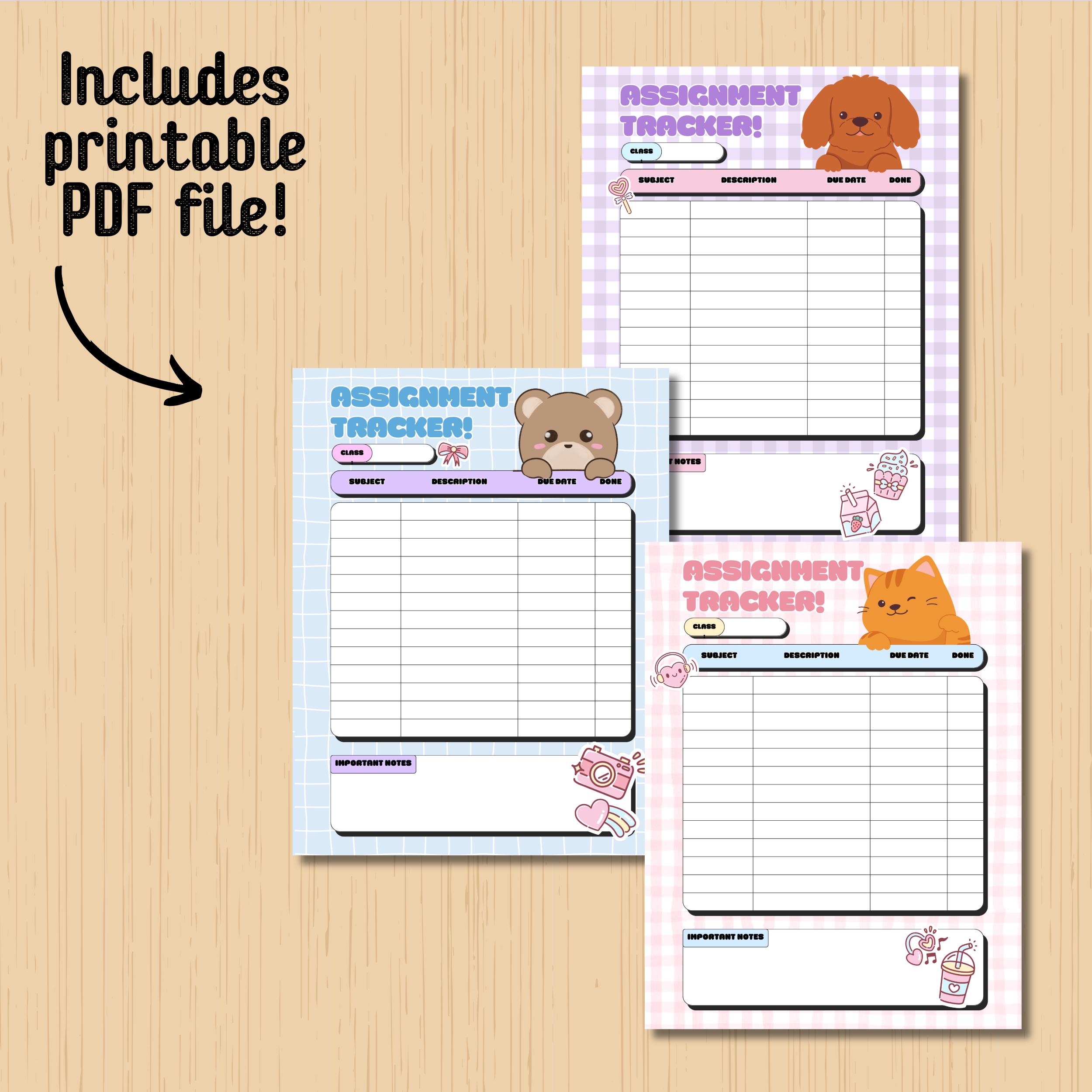 Assignment Tracker, Printable Notepad, Kawaii Memo Pad, Study Planner ...