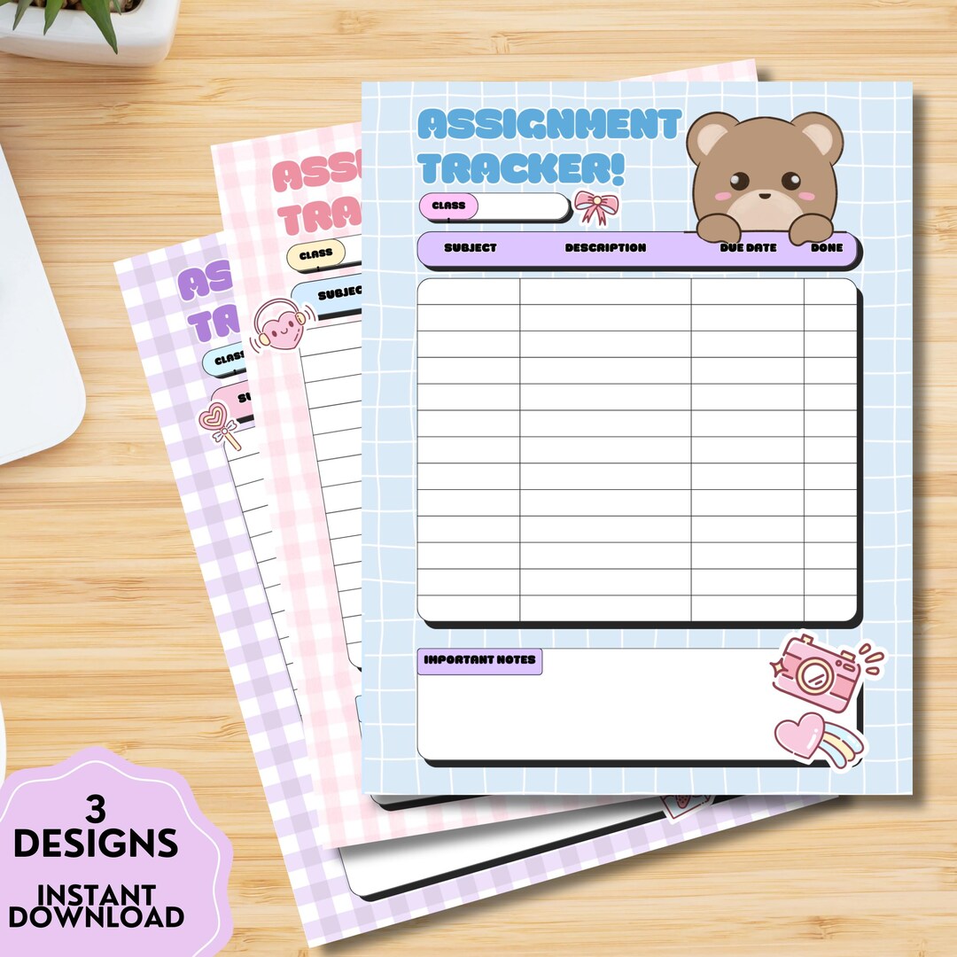 Assignment Tracker, Printable Notepad, Kawaii Memo Pad, Study Planner ...